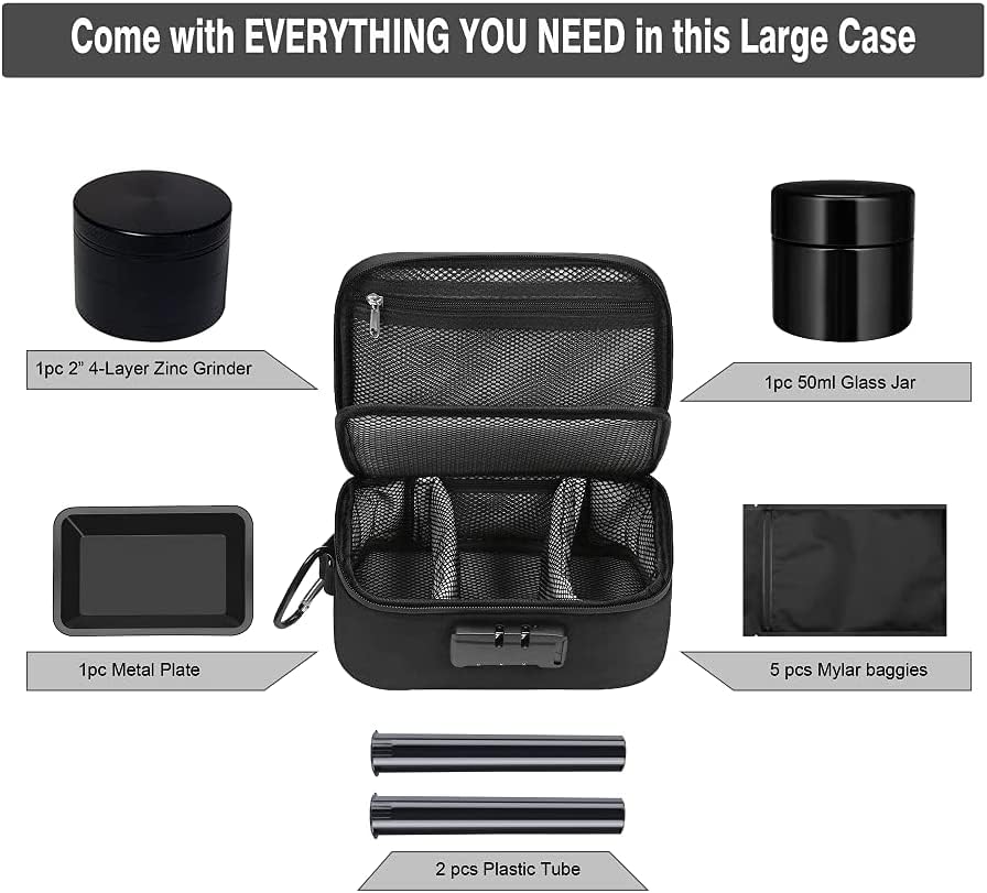 Egooz Large Smell Proof Stash Bags with 5 items - Waterproof Smell Proof Box Case for Travel and Home, Smell Proof Containers Box for Storing Your Products, Black