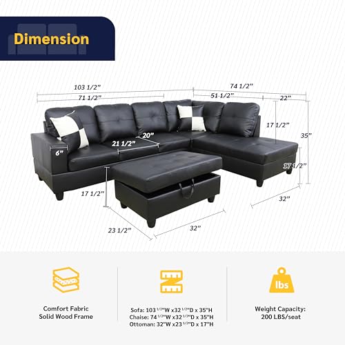 FUOROLA Lifestyle Right Facing Sectional Set, Sofa+Chaise+Ottoman, Black