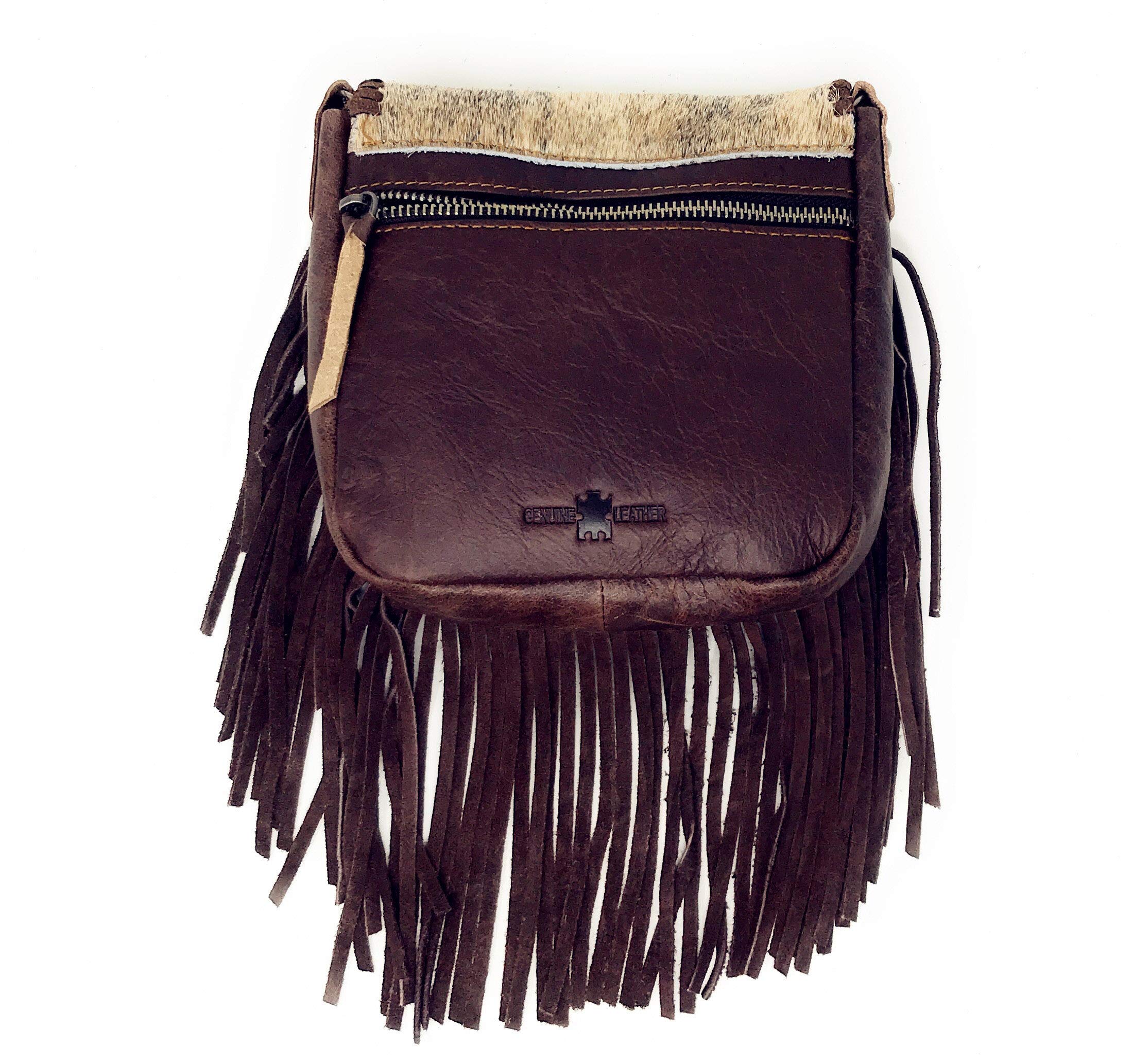 Western Genuine Tooled Leather Cowhide Fur Fringe Women's Crossbody Chian Bag/Purse (Beige)