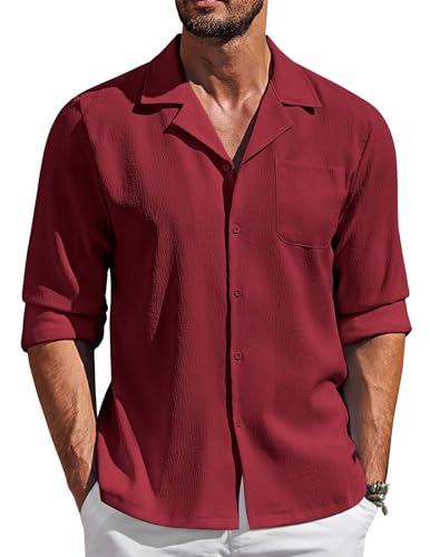 COOFANDY Casual Dress Shirts Men Untucked Button Down Shirts Beach Shirts Christmas Shirt Wine Red Large