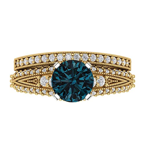 Clara Pucci 2.07ct Round Cut Pave Solitaire with Accent Natural London Blue Topaz Statement Bridal Ring Band Set 14k 2 Tone Gold 8.5