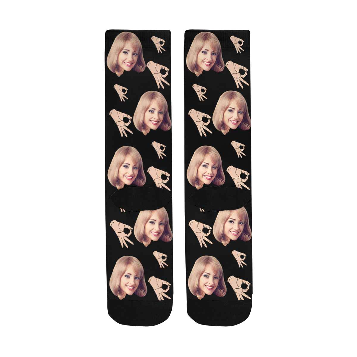 Custom Print Your Photo Pet Face Socks, Personalized Circle Game Finger Black Crew Socks for Men Women