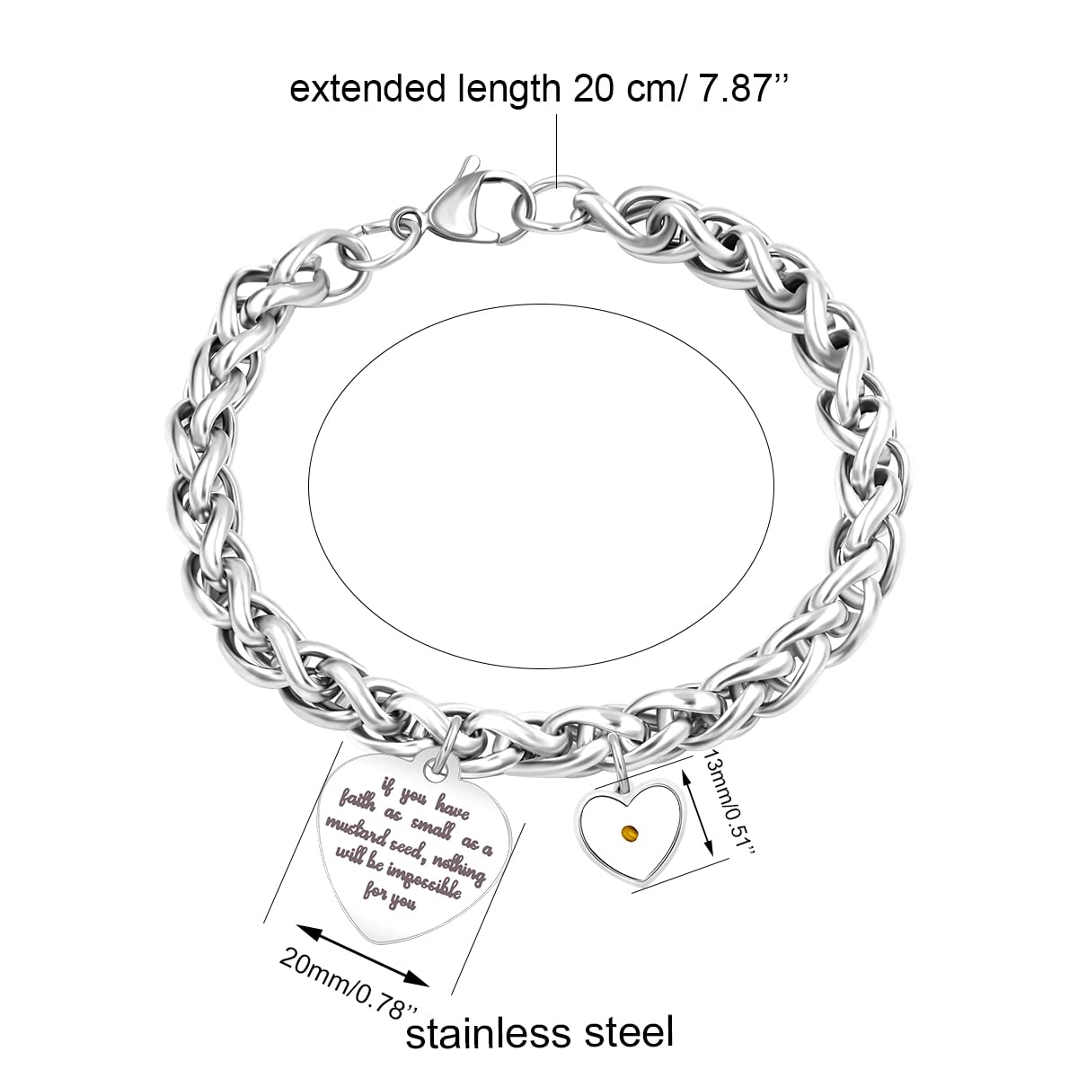 Cool Stainless Chunky Thick Large Link Chain Bracelet with Faith Mustard Seed Charm for Men Women Length 7.9" * Width 8mm (8mm-Heart Charm)