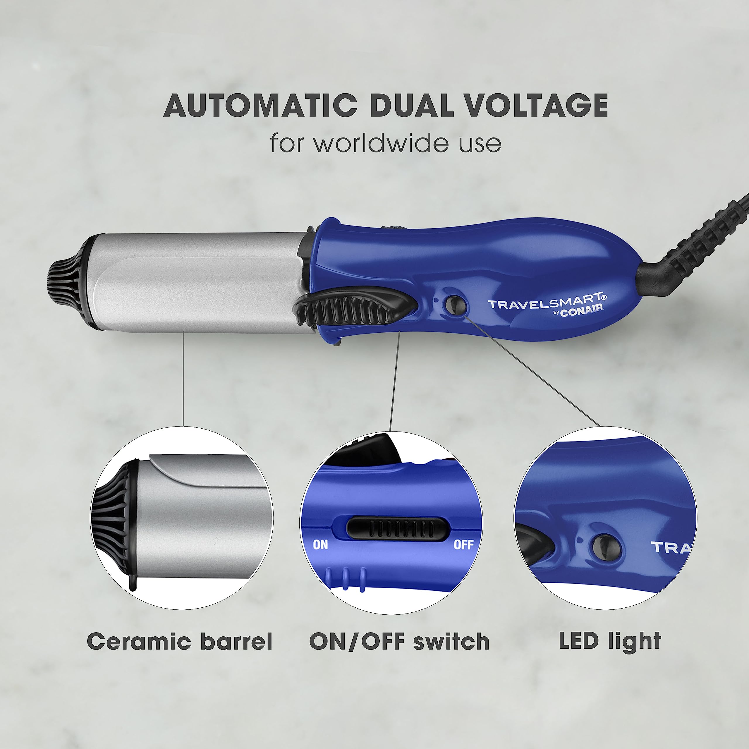 Conair Travel Curling Iron, Mini 1 Inch Ceramic Curling Iron in Blue by Travel Smart