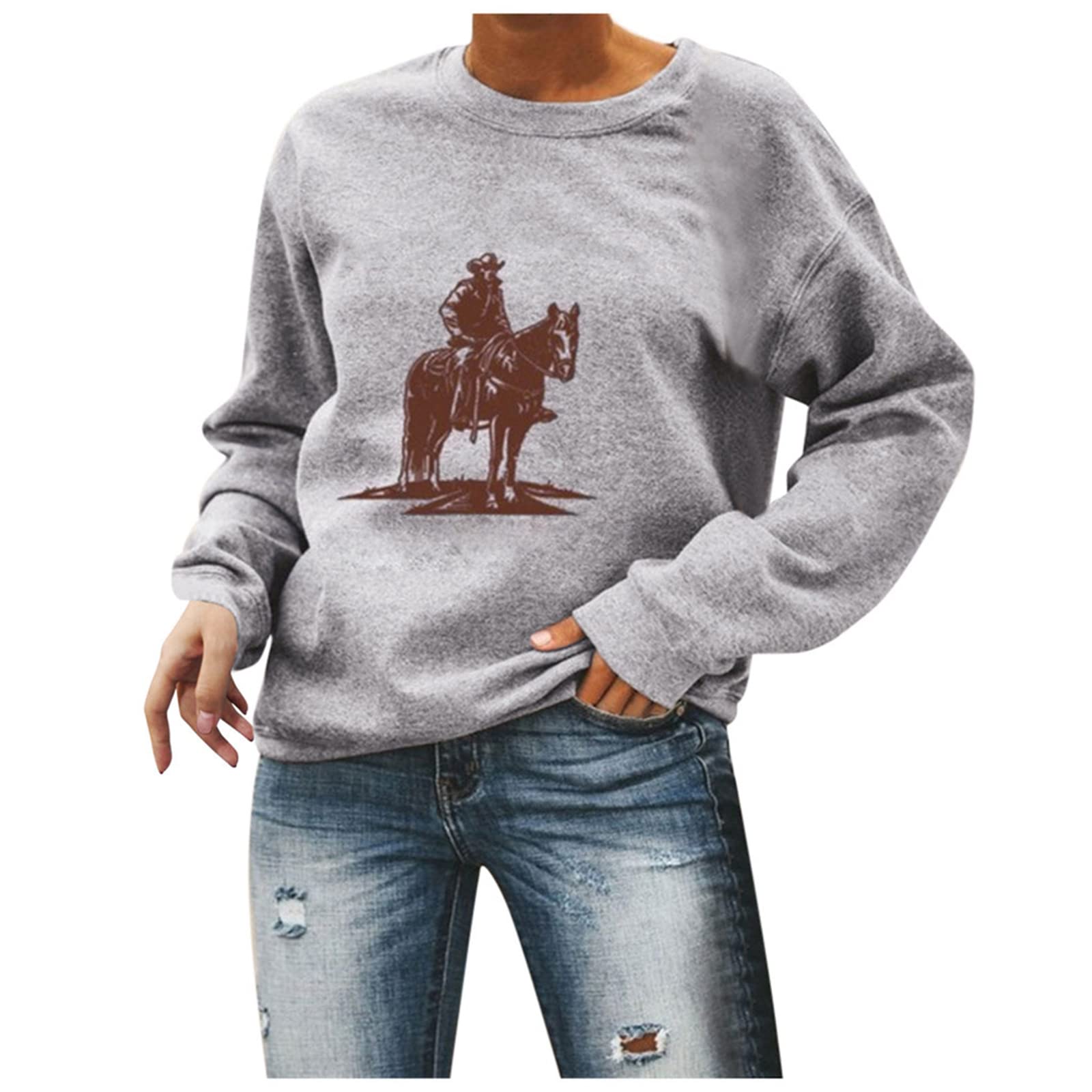 Drindf Graphic Sweatshirt for Women Long Sleeve Round Neck Casual Pullover Tops Gray