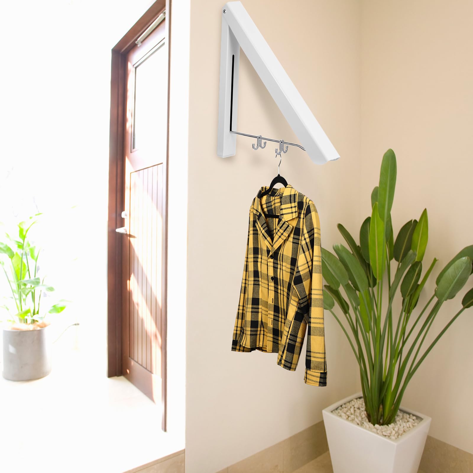 Layhit 4 Pcs Folding Clothes Drying Rack Wall Mounted Retractable Clothes Rack Aluminum Foldable Wall Hangers for Clothes Space Saving Laundry Closet Organization White Clothing Dryer Rack for Storage