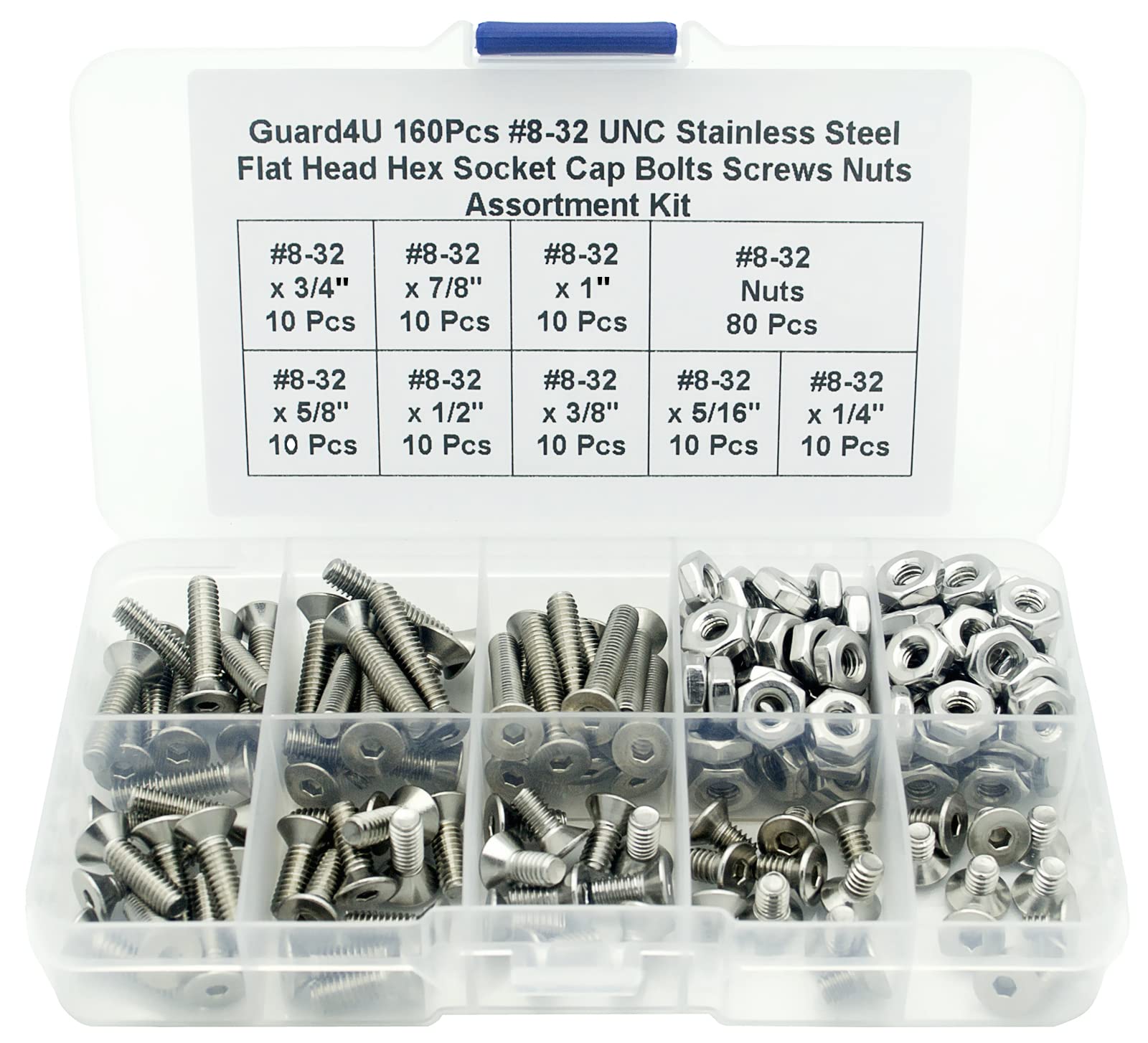 Guard4U 160Pcs #8-32 UNC 304-Stainless Steel Flat Head Countersunk Hex Socket Cap Bolts Screws Nuts Assortment Kit- #8-32x 1/4" 5/16" 3/8" 1/2" 5/8" 3/4" 7/8" 1"