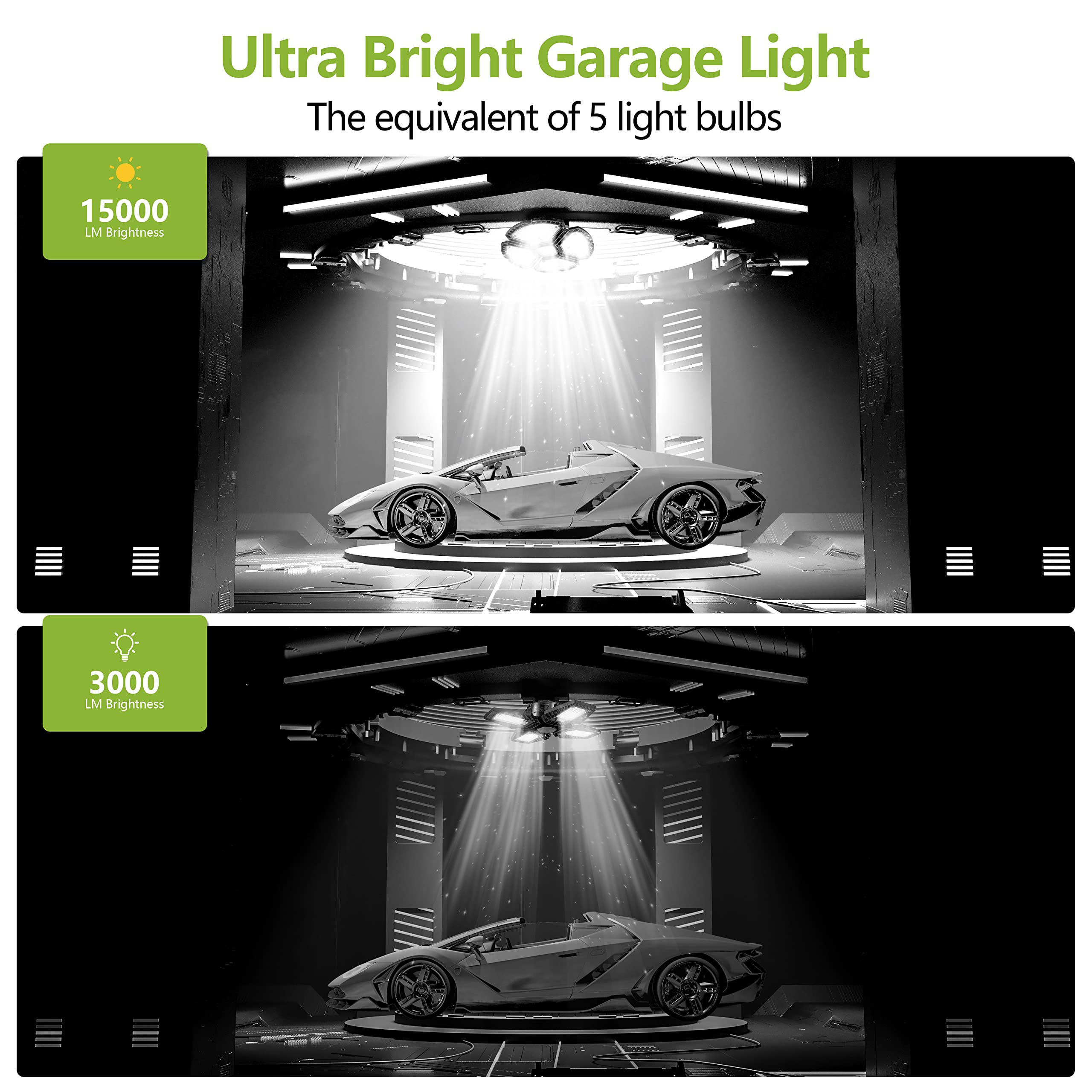 PINEGREEN LIGHTING LED Garage Light, Features Down Light Design 15000LM Ultra Bright Energy Efficient 100W (900W Equivalent) Premium Metal Housing Deformable 4 Adjustable Panels 15000 Lumen E26 Base