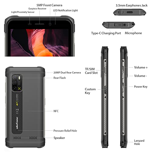 Ulefone Armor X10 Pro Unlocked Rugged Smartphone, 4GB RAM + 64GB ROM, 5180mAh, 20MP Dual Rear Camera, Dual Speakers, Headset-Free FM Radio, 5.45 Inch HD+, Type-C Android Cell Phone (Grey)