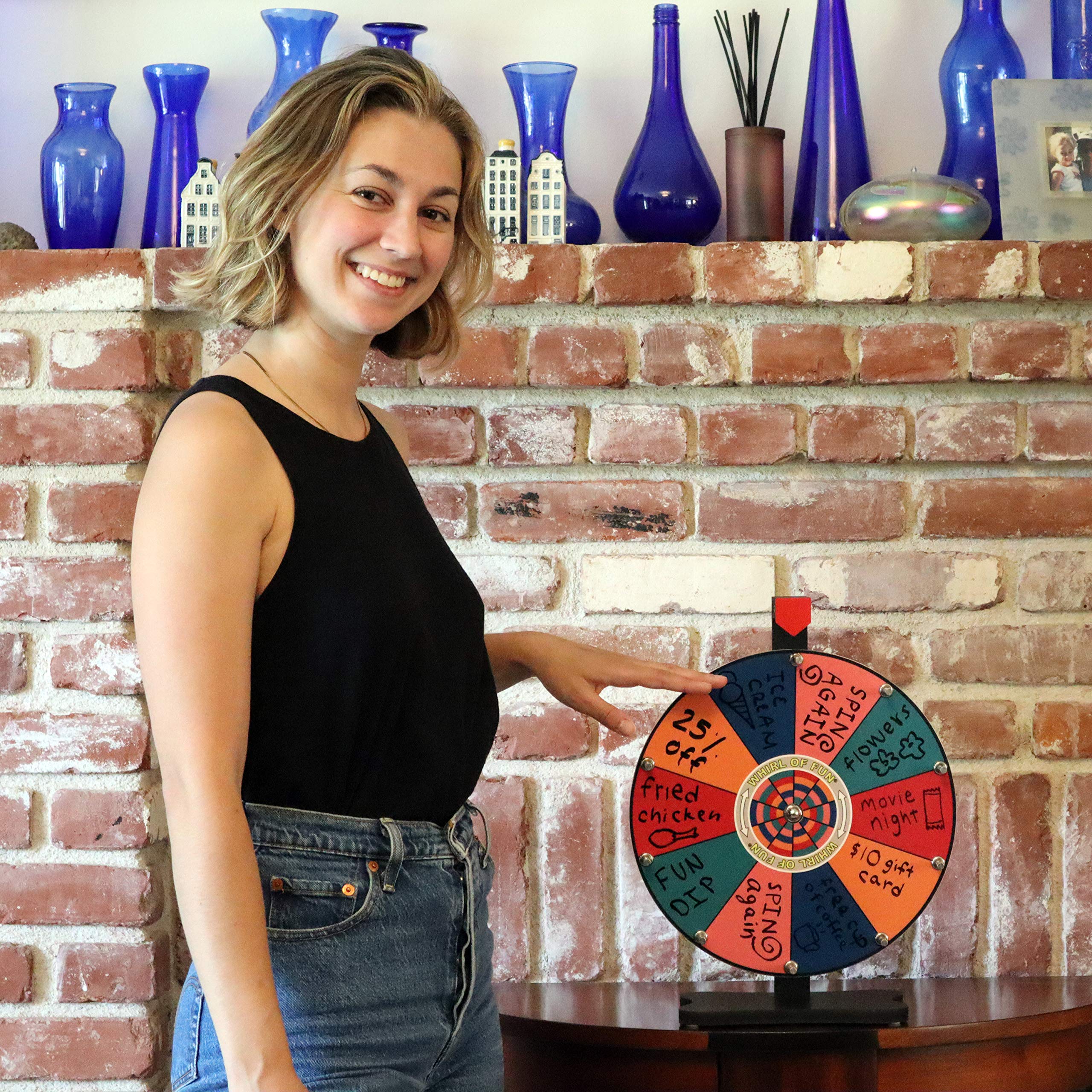 Whirl of Fun 12 inch Prize Wheel Spinner with Stand - Spinning Wheel for Prizes, 10 Color Slots, Customize Erasable Dry Erase Surface, Tropical Colors, Portable, Tools Included, Made in USA