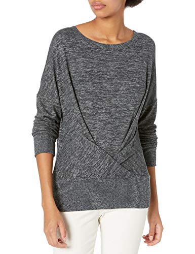 Daily Ritual Women's Cozy Knit Pleat Front Draped Sweatshirt, Black Marl, Small