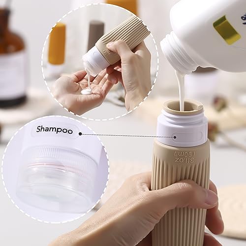 LIYUABU Silicone Travel Bottles for Toiletries,Tsa Approved 3oz Portable Refillable Travel Bottles,Leak Proof BPA Free Squeezable Travel Size Containers Accessories with Toiletry Bag(4Pack Brown)