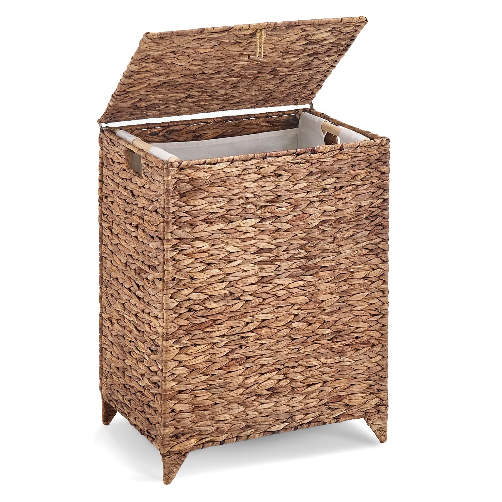 Large Laundry Hamper with Lid and Removable Liner Bag, Wicker Laundry Basket with Heightened Feet, Foldable Rattan Clothes Hamper, Handwoven Water Hyacinth Laundry Basket for Clothes and Towels