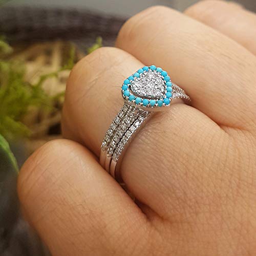 Dazzlingrock Collection Round Turquoise & White Diamond Ladies Heart Shaped Wedding Ring Set in 14K White Gold, Size 7