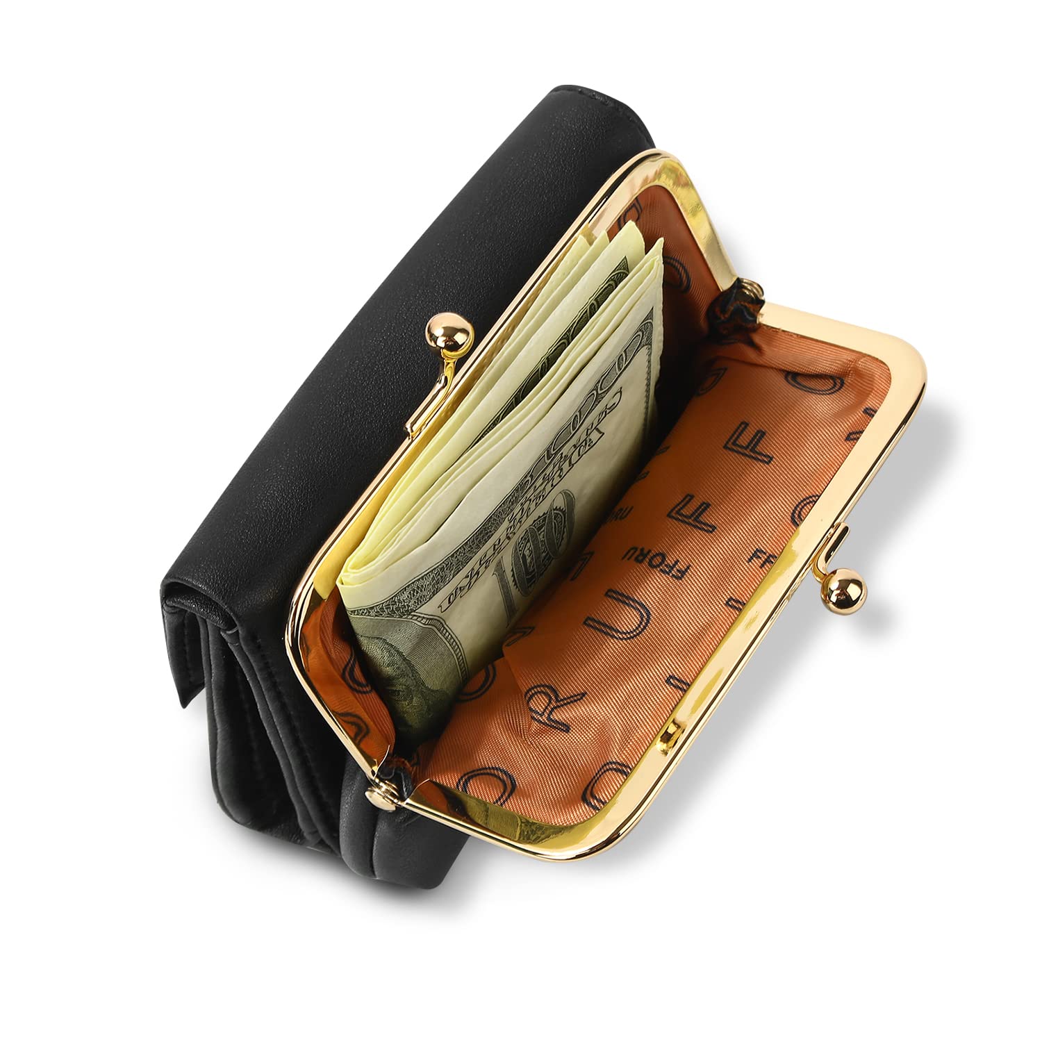 CornerLife Womens 2 in 1 Leather Wallet Small Coin Purse Compact Trifold Wallet for Women with Kiss Lock (Black)