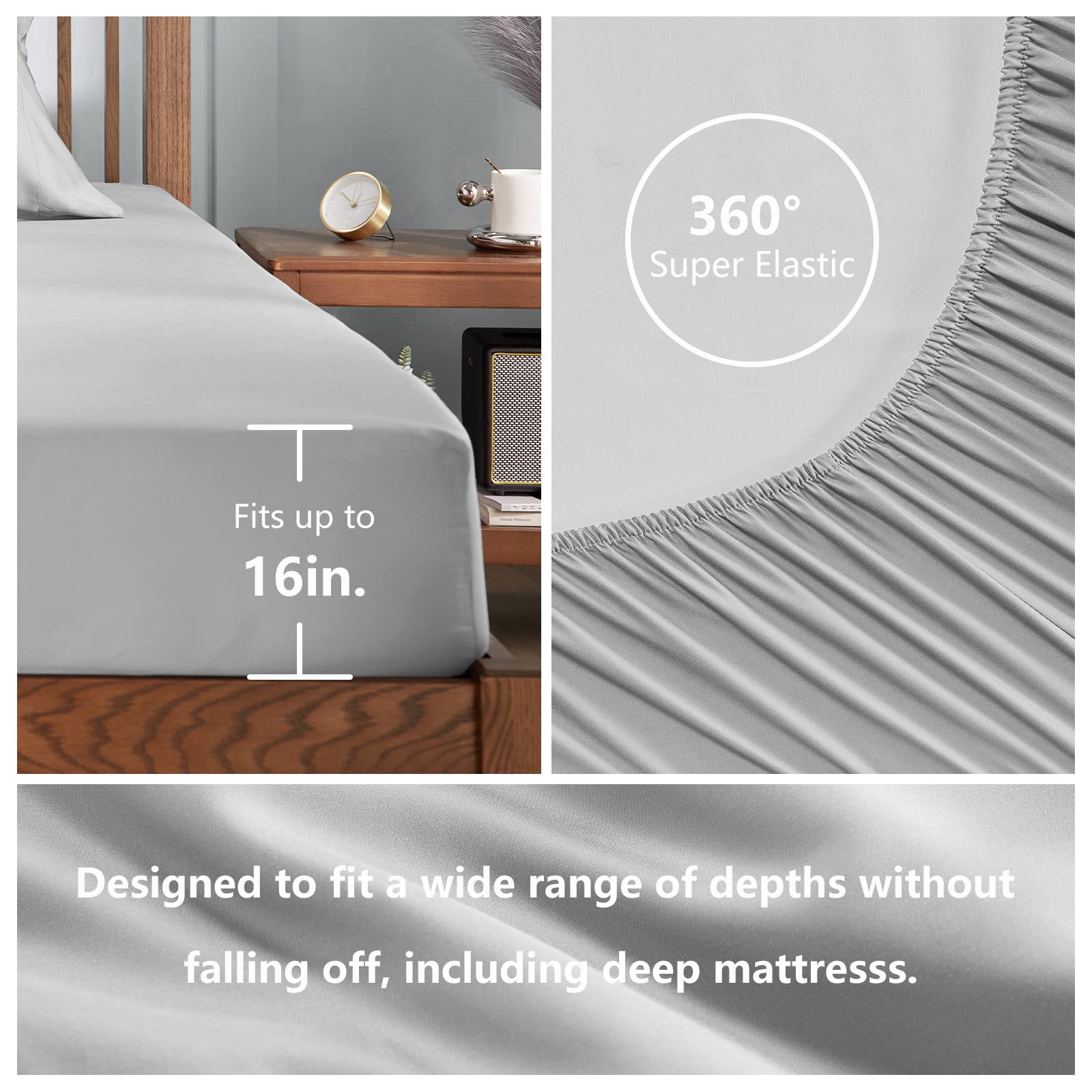 CozyLux Cooling Sheets King Size, Rayon Derived from Bamboo, Oeko-TEX Certified Luxuriously Soft & Silky Sheet Set - 16" Deep Pockets 4 Piece Bedding Sheets & Pillowcases,Light Grey