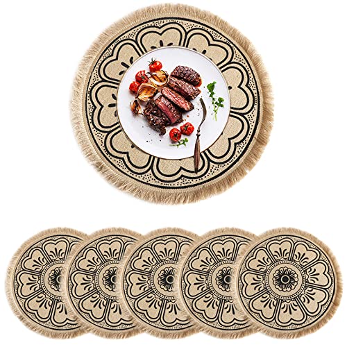 Round Burlap Woven Placemats Set of 6 15-Inch Jute Table Mats with Fringe Pompom Reusable Boho Farmhouse Rustic Place Mats for Parties Weddings Holiday Farmhouse Coffee Bar Decor (Style 5)