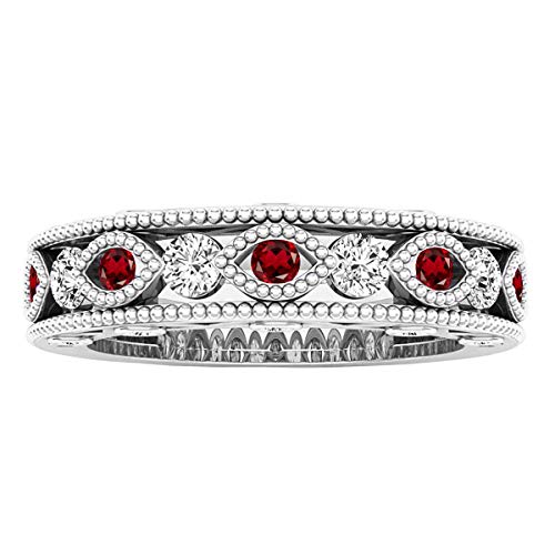 Dazzlingrock Collection 10K Round Garnet & White Diamond Ladies Vintage Stackable Wedding Band, White Gold, Size 7.5