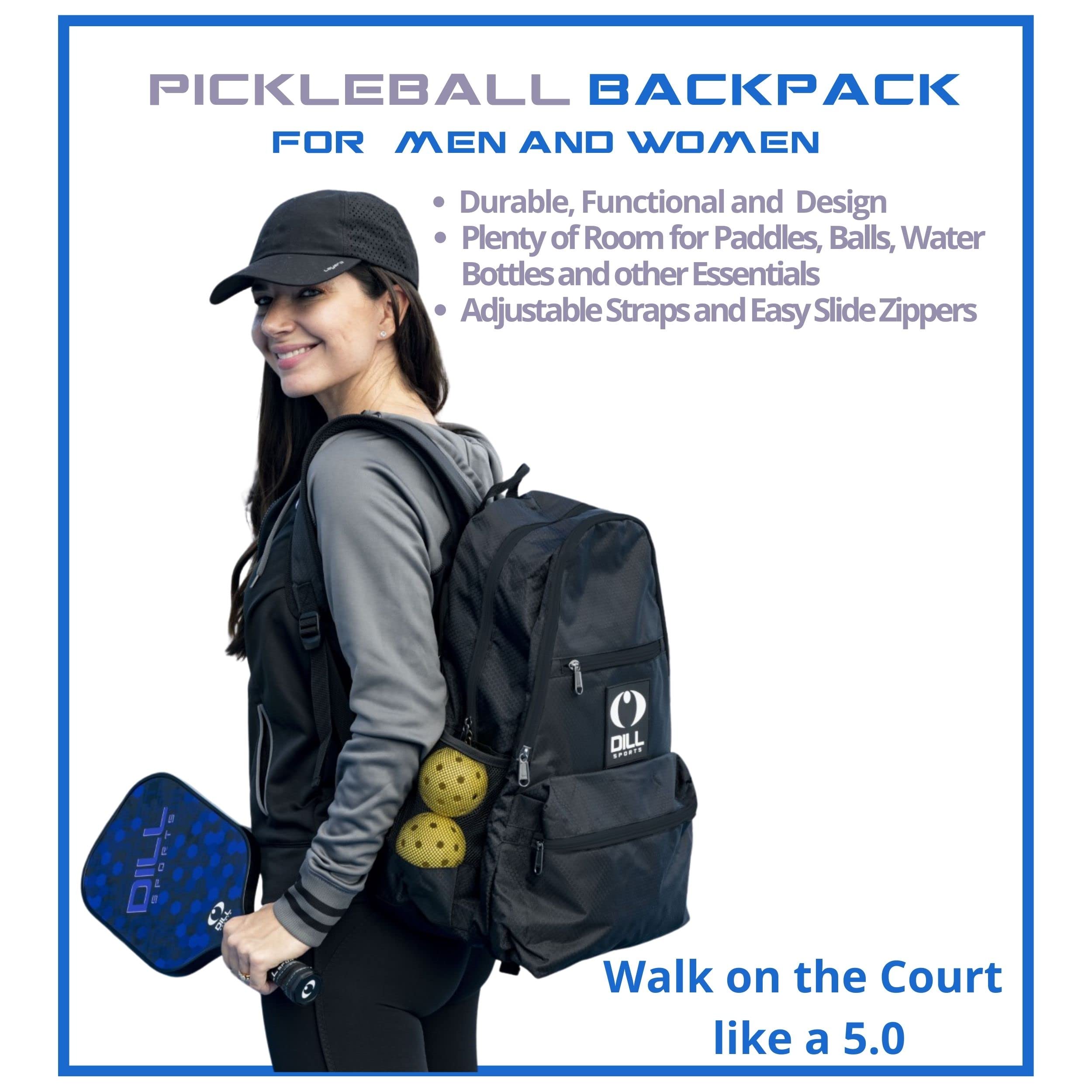 Dill Sports Pickleball Backpack - 5 Zipper Pockets and 2 Mesh Pockets - Carry Paddles, Balls, Water Bottles, and accessories