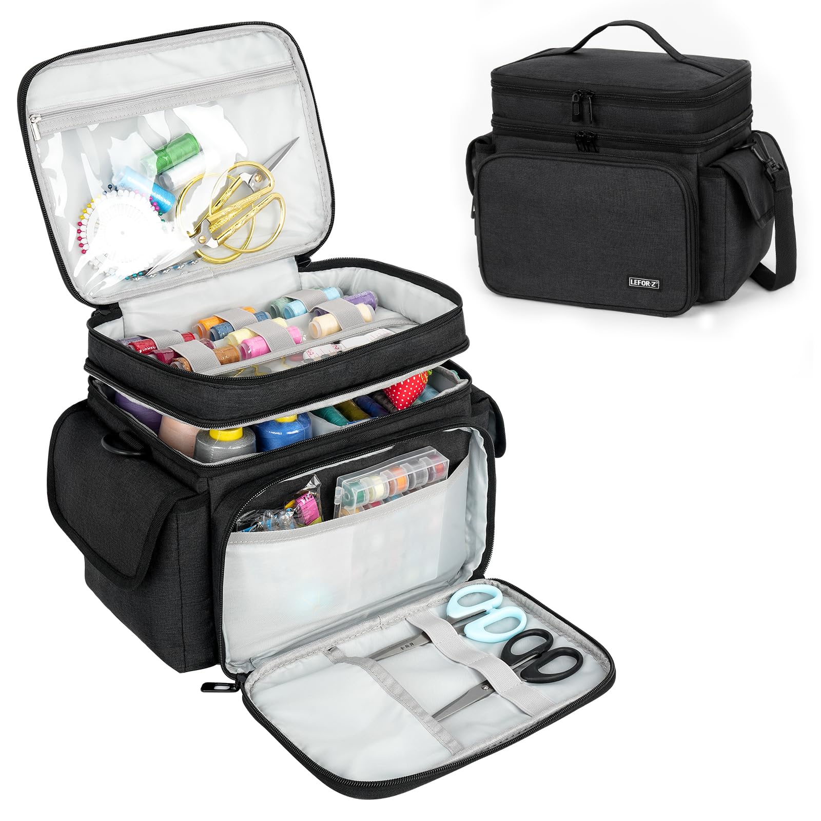 LEFOR·Z Sewing Supplies Organizer,Double-Layer Sewing Accessories Storage Bag,Protable Travel Sewing Box Sewing Basket for Sewing Tools,Black(Bag Only)
