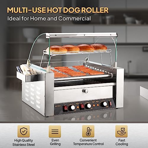 ROVSUN Hot Dog Roller Warmer 2000W, 11 Rollers 30 Hot Dog Roller Grill Cooker Machine w/Bun Warmer, Cover, Dual Temp Control, LED Light, Removable Shelf & Drip Tray for Party Home Commercial