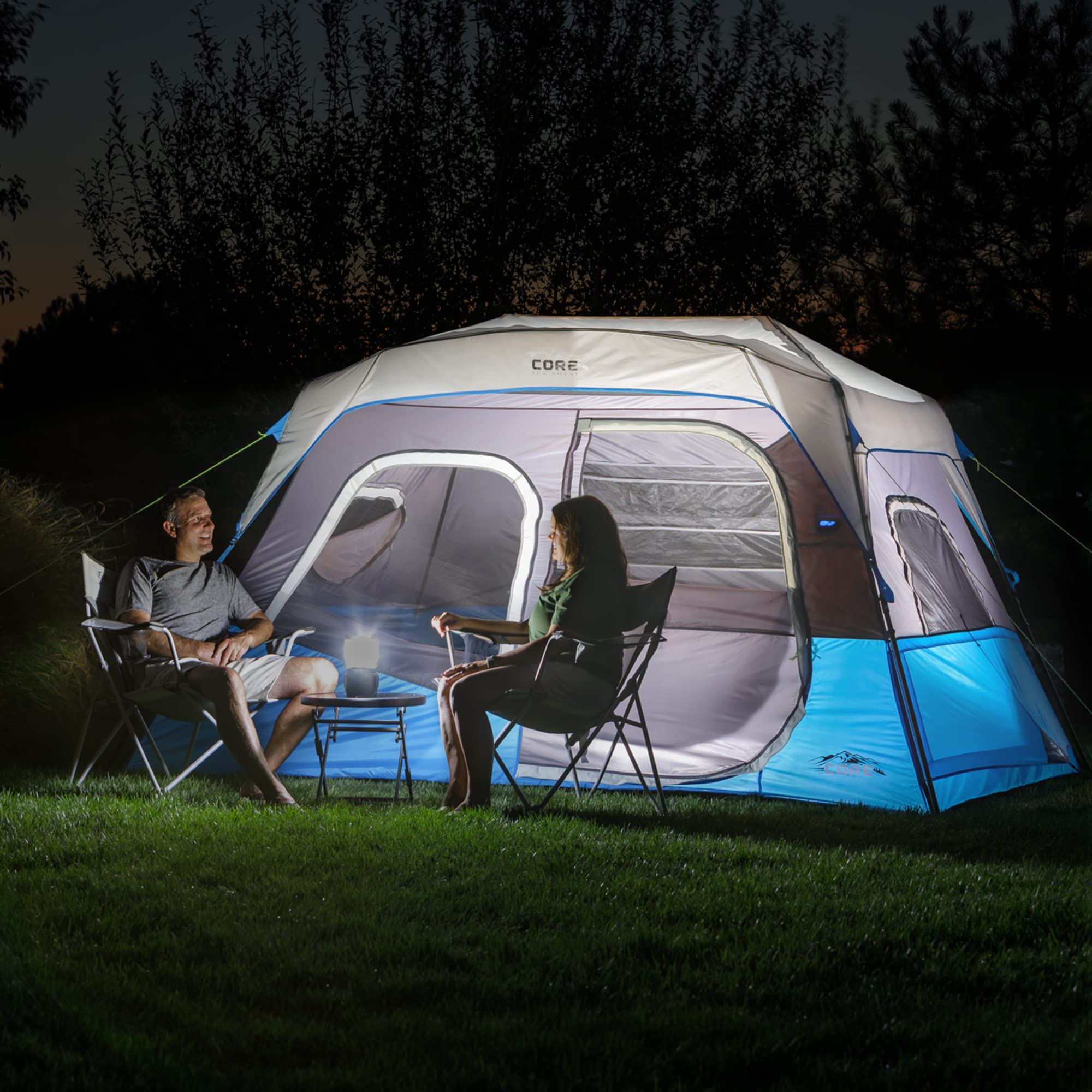 CORE 9 Person Instant Cabin Tent with LED Lights | Lighted Pop Up Camping Tent with Easy 2 Minute Camp Setup | Portable Large Family Cabin Multi Room Tents for Camping