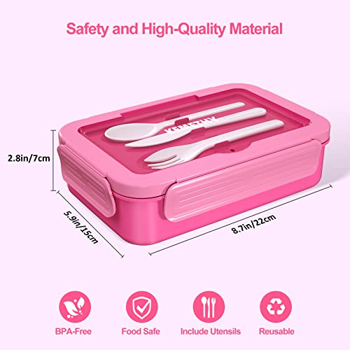 KEMETHY Bento Lunch Box for Kids, 4 Compartment Lunch Box Kids, Leak Proof Lunchbox with Tableware for Kids Lunch boxes for School, Microwave/Dishwasher/Freezer Safe, BPA-Free and Reusable, Pink
