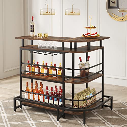 Tribesigns Home Bar Unit, L-Shaped Liquor Bar Table with 4 Glasses Holders and 4 Tier Shelves, Wine Bar Cabinet Mini Bar for Home Kitchen Pub, Freestanding Coffee Bar Table with Footrest, Rustic Brown