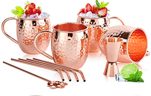DOTGROUP Moscow Mule Mugs, Copper Mule Mugs Set of 4, Creative Hammer Point Copper Cups with Copper-plated Inner for Beer and Cocktail, 4 Cocktail Copper Straws, 1 Stirring Rod, 2oz/4oz Double Jigger
