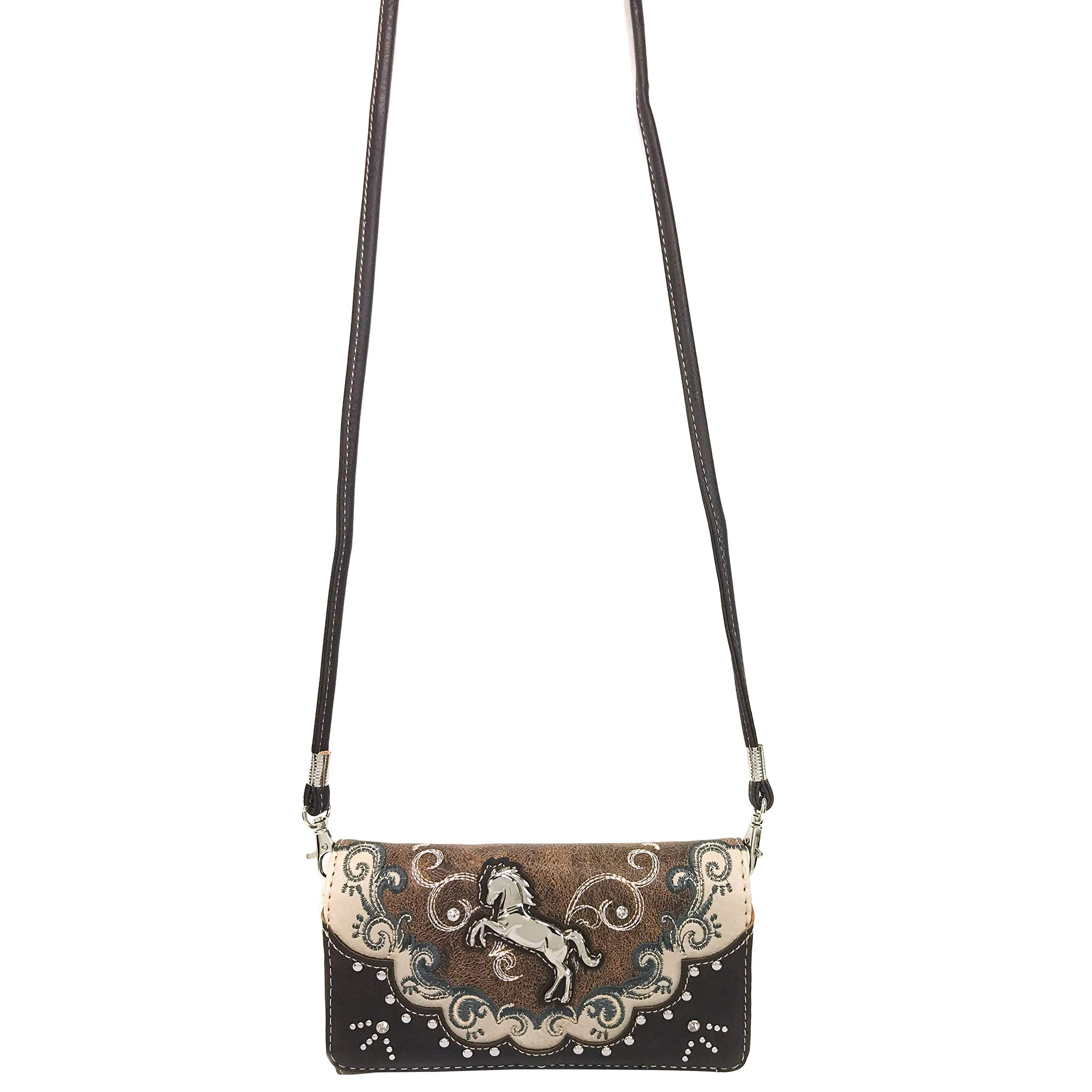 Zelris Western Mustang Horse Turquoise Women Crossbody Wrist Trifold Wallet (Brown)