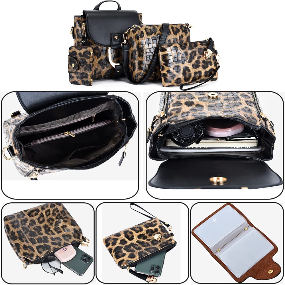 ZiMing Women Handbags Wallet Set Leopard Print Leather Purses Small Backpack Crossbody Shoulder Bags Wristband Wallet 4 Pcs
