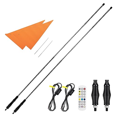 KEMIMOTO 5FT 2PCS LED Whip Lights with Spring Bases for UTV ATV, 22 Modes 21 Colors 5 Brightness 10 Speed IP67 Waterproof Wireless Control, compatible with Can Am Maverick X3 Polaris RZR Kawasaki SxS
