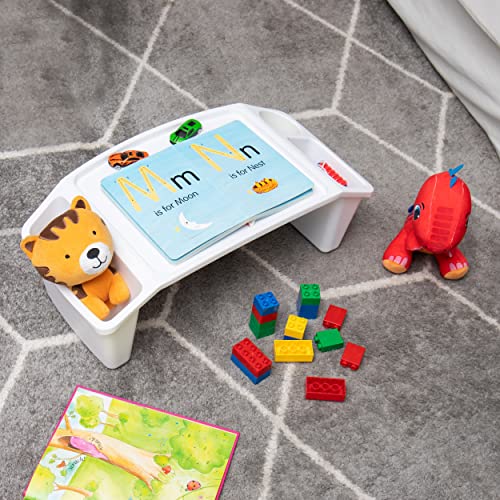 Mind Reader Sprout Collection, Portable Desk, Breakfast Tray, Laptop Desk, Side Storage Pockets with 3 Compartments for Toys, Tablets, Books, Games and Snacks, 22.25" L x 10.75" W x 8.5" H, White