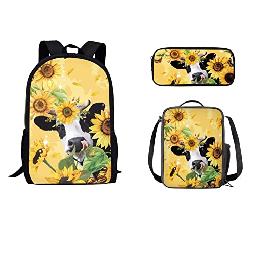 Lotusorchid Cow Sunflower Kids School Bookbag Set 3, Light Durable Kids School Backpack for Elementary Junior School, Boys Girls Insulated Lunch Box Bag with Cute Kawaii Pencil Case, Yellow