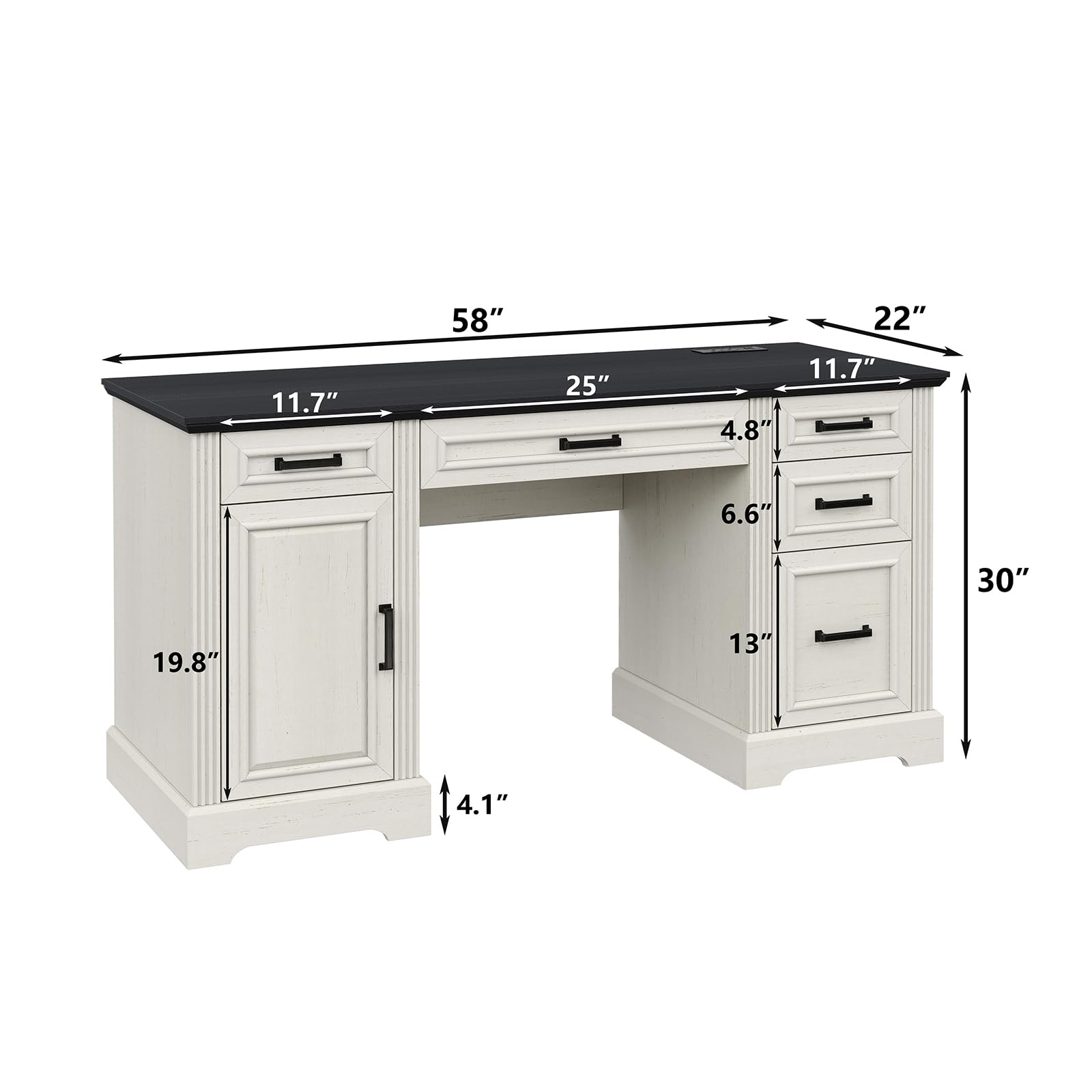 Furnihold 58" Executive Desk, Farmhouse Computer Desk with Drawers and Cabinet with Charging Station, Wooden Home Office Desk, Workspace for Work Study Writing, Black Tabletop, Off White