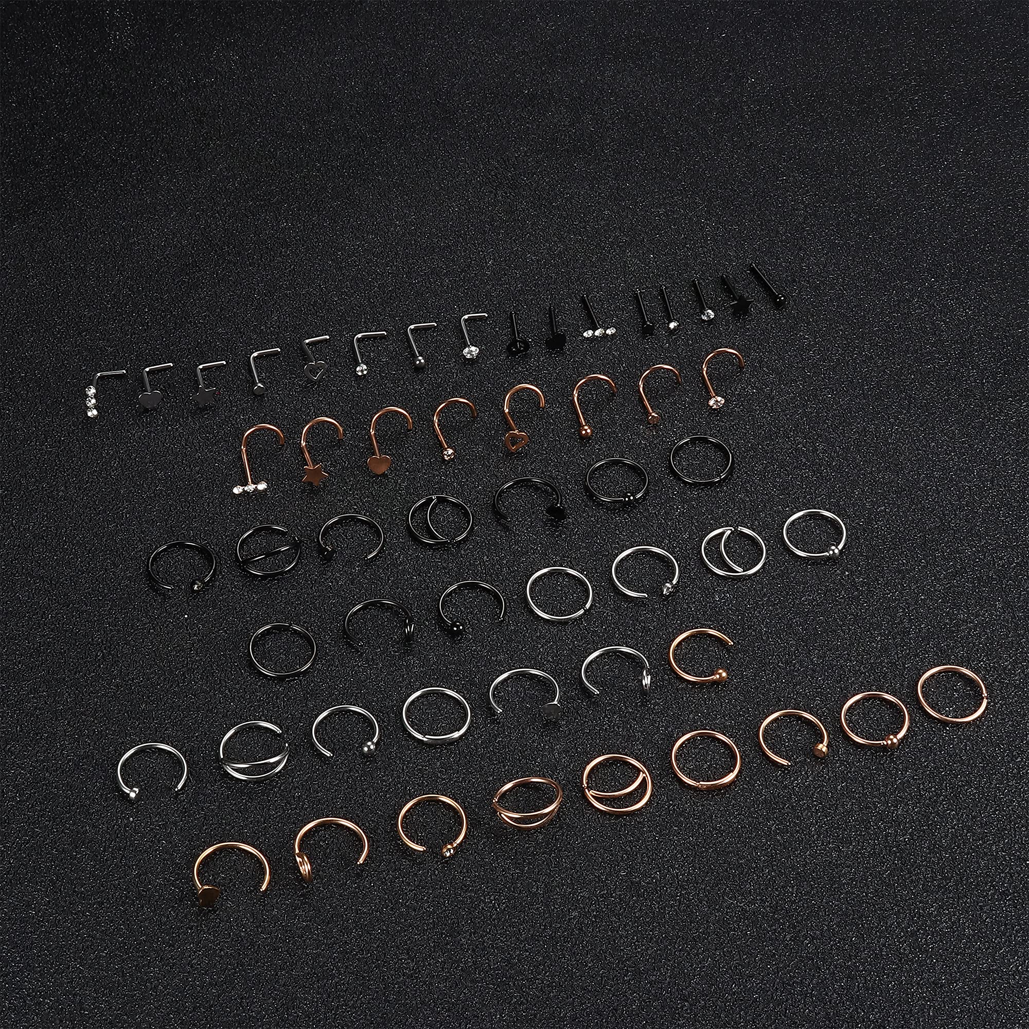 Drperfect 20G Nose Rings for Women Men Nose Piercing Jewelry Stainless Steel Nose Hoop L Shaped Screw Bone Nose Stud Silver Rose Gold Black Nose Ring Set
