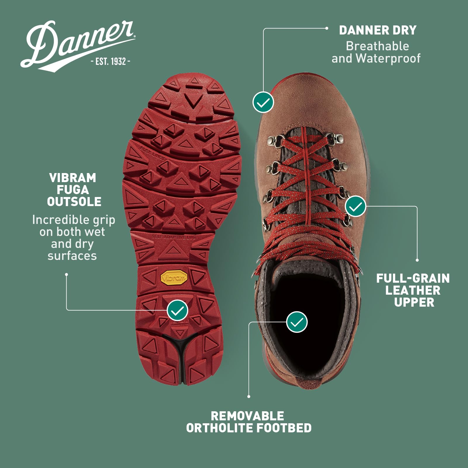 Danner Mountain 600 Waterproof Hiking Boots for Men - Lightweight, Durable Upper, Breathable Lining, Triple-Density Footbed & Vibram Traction Outsole, Brown/Red - 9.5 D