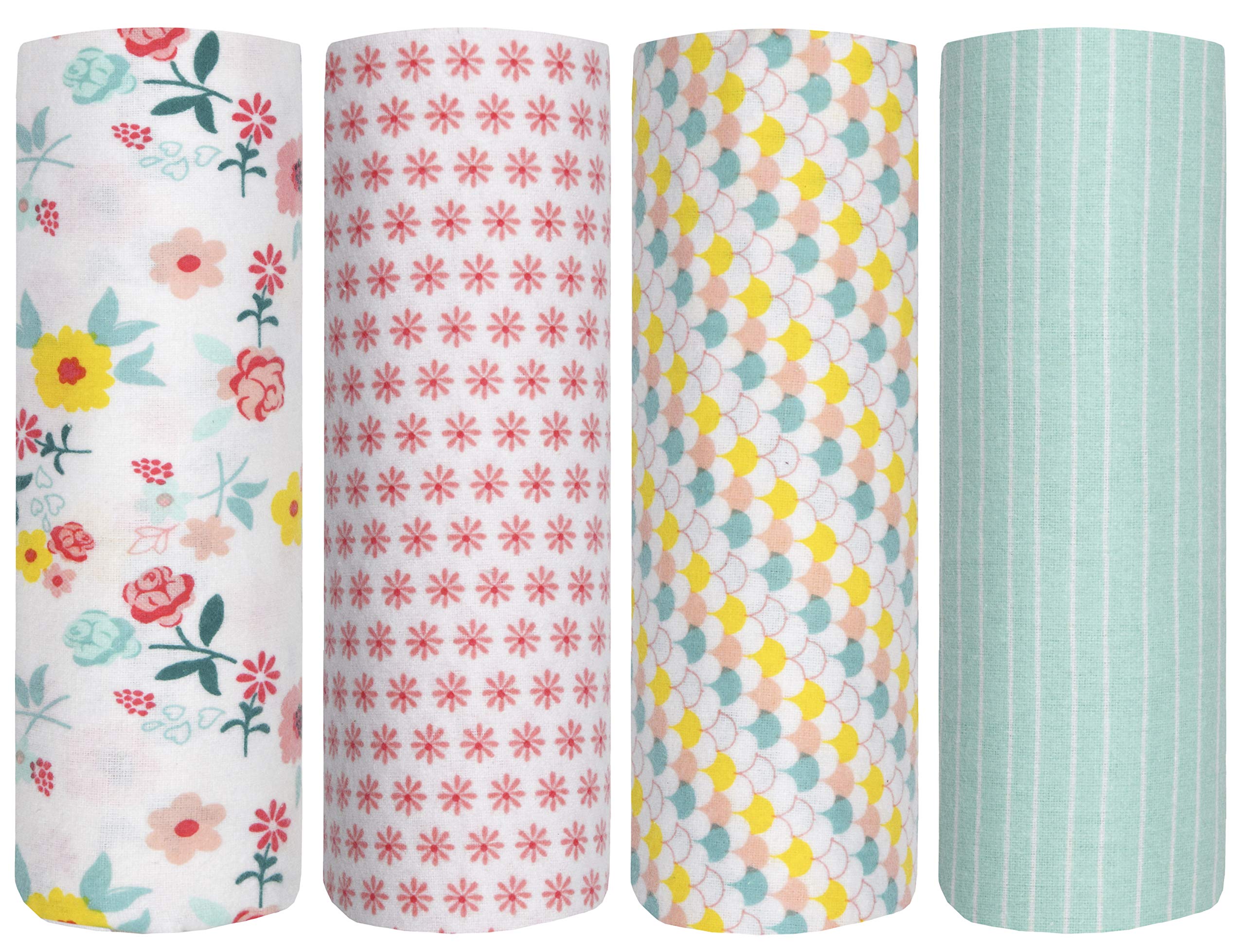 Cuddles & Cribs New Born Cotton Flannel Baby Receiving Blankets - 4 Count (Floral Stripes)
