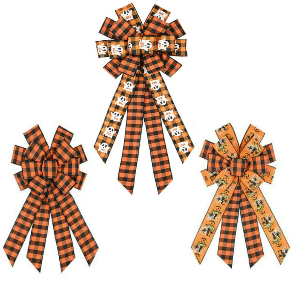 Pumpkin Orange and Black Gingham Buffalo Plaid Ribbon,Thanksgiving Fall Wired Edge Ribbon Halloween Christmas Wrapping Ribbon Wired Craft for Holiday Wrapping, Bow Crafts Decoration