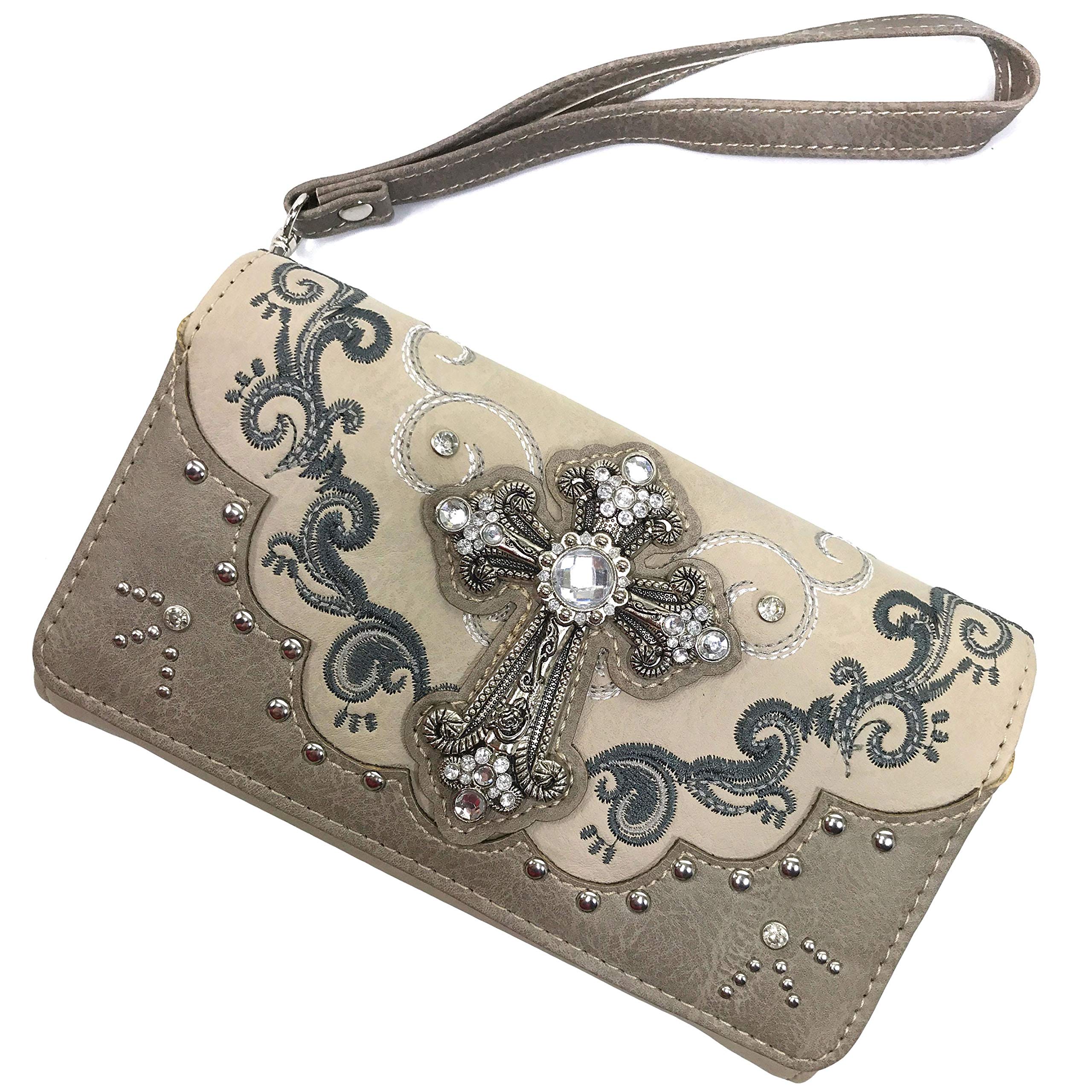 Zelris Western Silver Cross Turquoise Women Crossbody Wrist Trifold Wallet (Beige)
