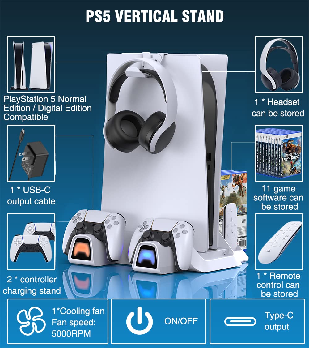 Cooling Stand with Controller Charging Station and Cooling Fan for PS5, Multi-functional Accessories Compatible with PS5 Digital/Disc Edition, Dual Controller Charger with 5V/3A Adapter, 11Game Holder