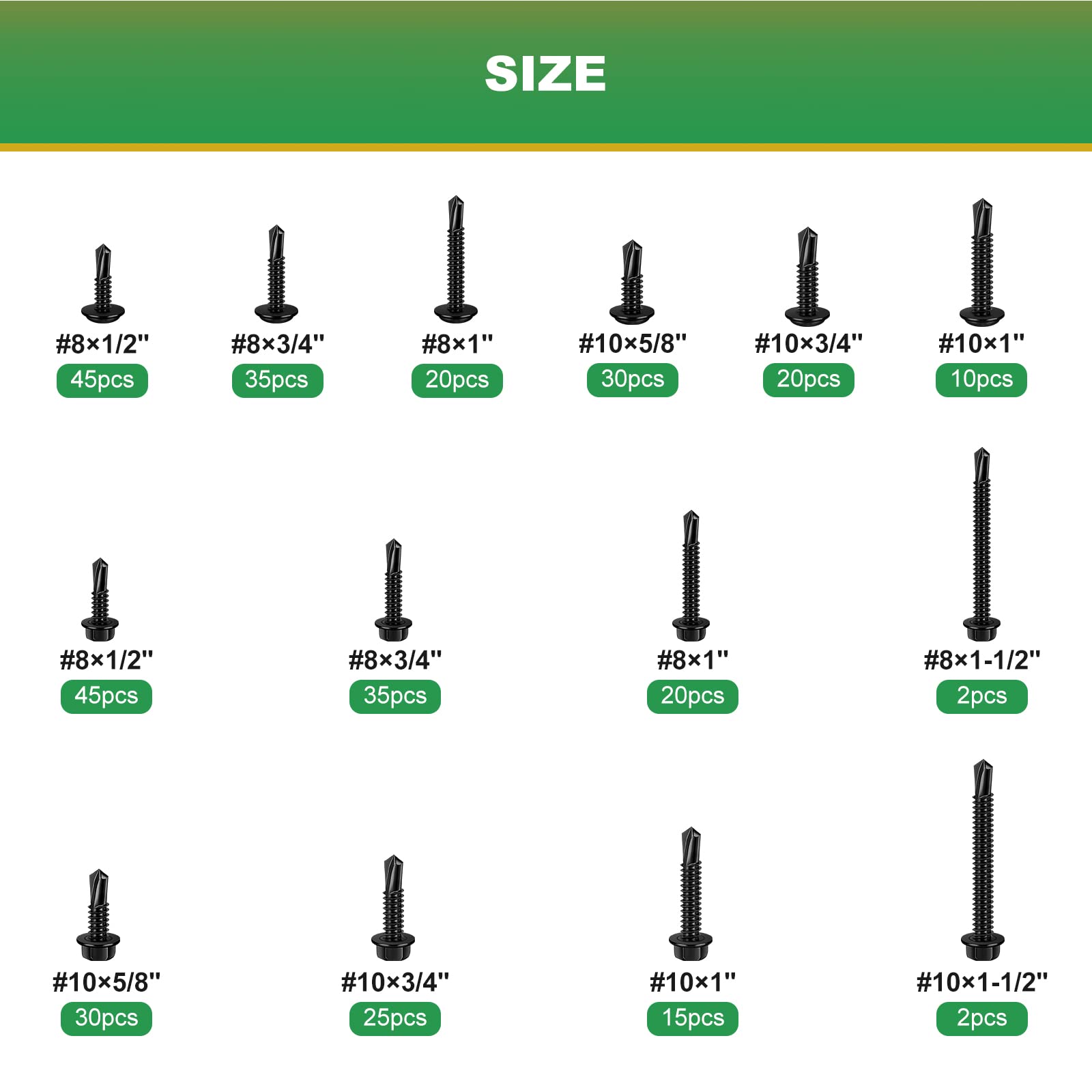FOLIV 334PCS #8 & #10 Black Self Tapping Screws, 410 Stainless Steel Metal Assorted Screws Assortment Kit, Hex Washer Head & Modified Truss Head Black Oxide Self Drilling, 12 Different Sizes