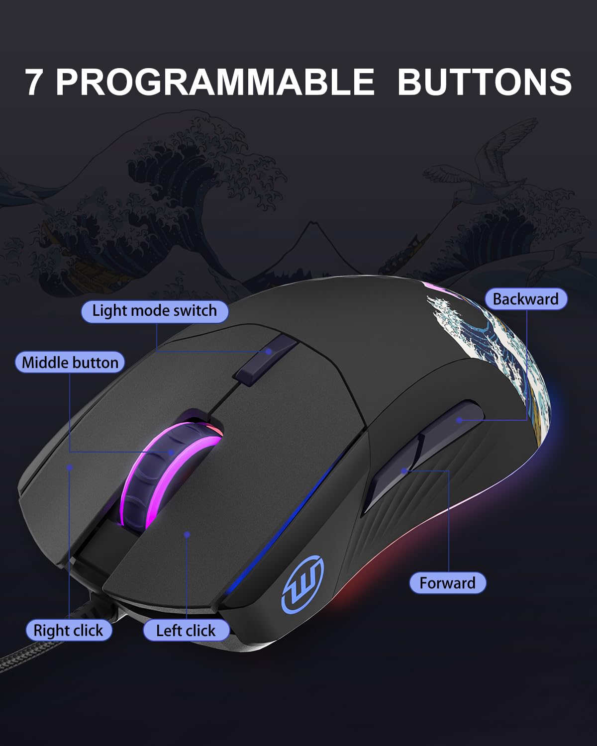COSTOM G705 Wired Gaming Mouse, RGB Backlit PC Gaming Mouse with Adjustable 12000DPI/7 Programmable Buttons, Gamer Computer USB Mouse for Windows Mac Laptop PC, Coral Sea Theme