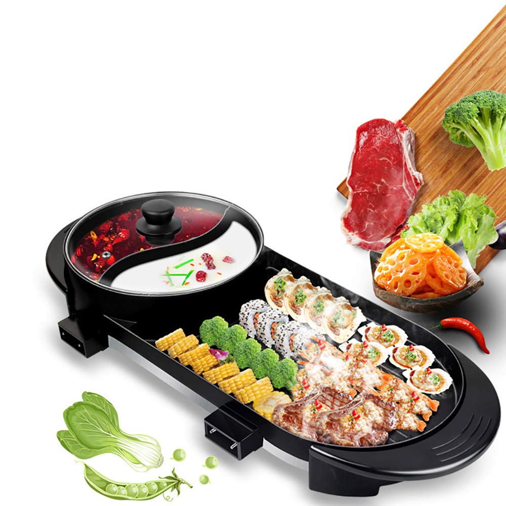 Electric Grill Hot Pot 2 in 1, Indoor Smokeless Grill Teppanyaki Grill w/ Non Stick Pan Shabu Shabu with Black