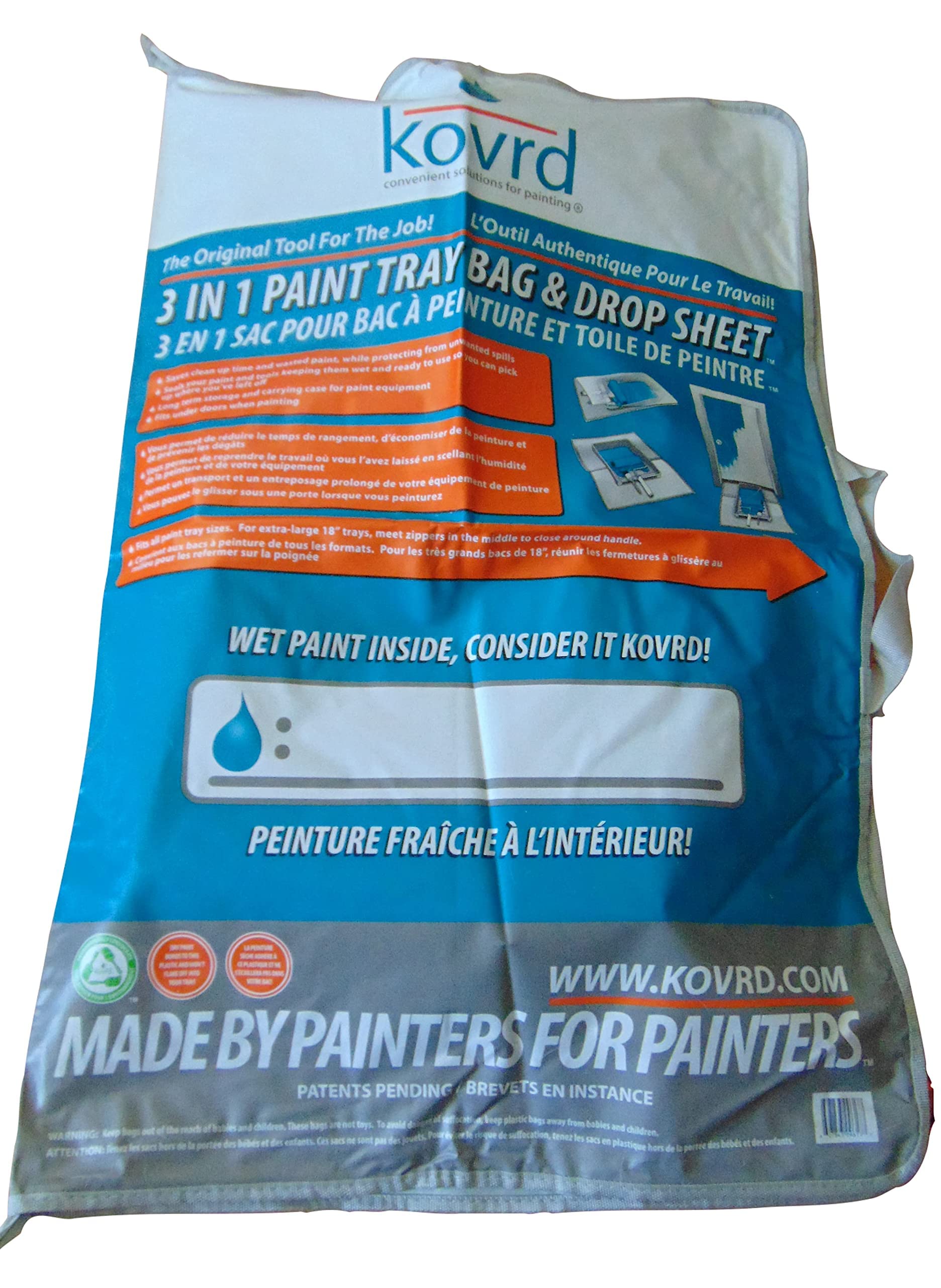 Kovrd 2-in-1 Reusable Paint Tray Storage Bag and 39” x 29” Drop Cloth, Keep Brushes Rollers and Paint Wet for Days, Fits 5-gal Bucket, Contractor Quality for Professional Interior and Exterior Jobs