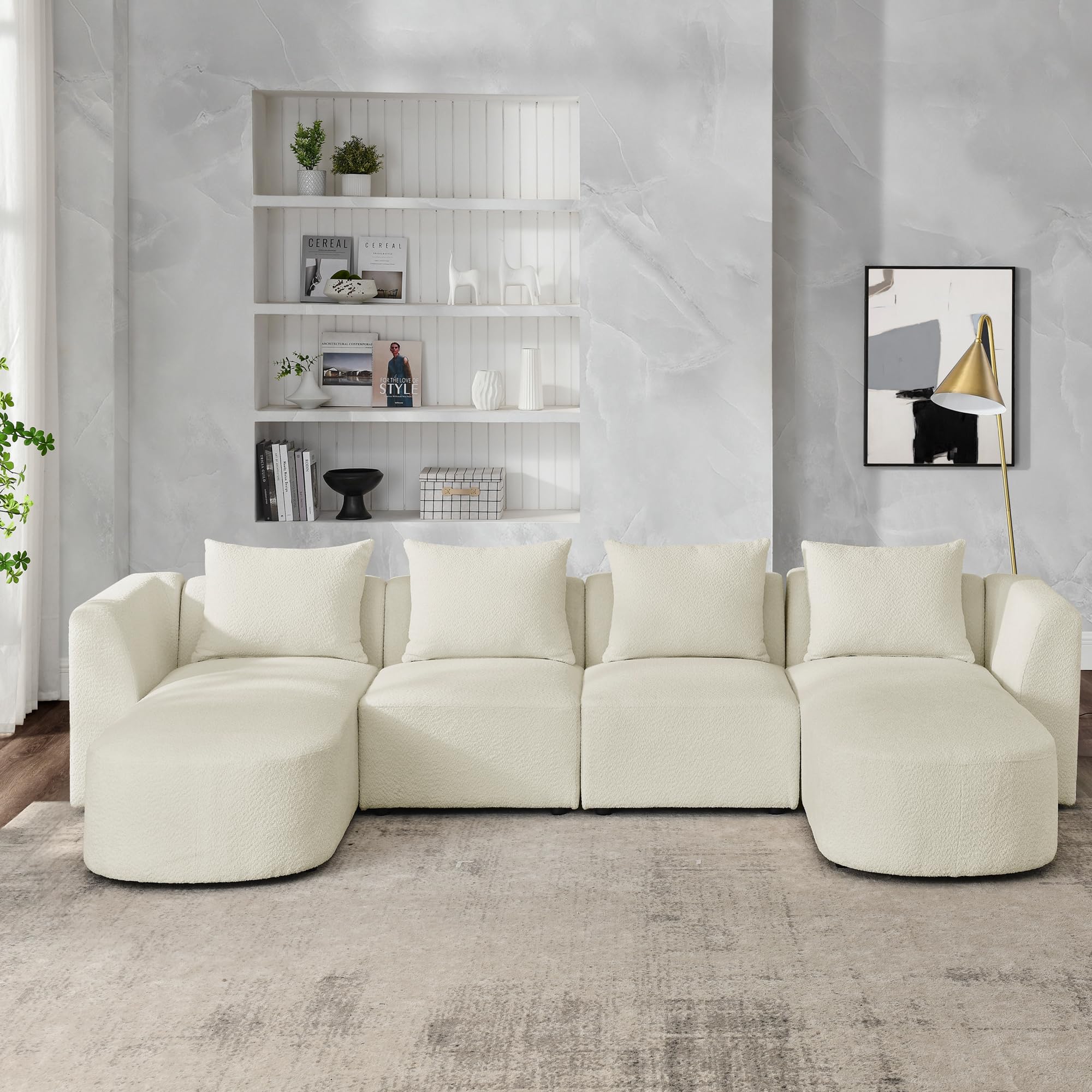 GNIXUU Modular Sectional Sofa, Modern Minimalist Boucle Fabric U-Shaped Sectional Couch, Comfy Double Chaise Lounge 4 seat Couch Set with Pillows for Living Room, Office, Apartment,117Inch(Beige)