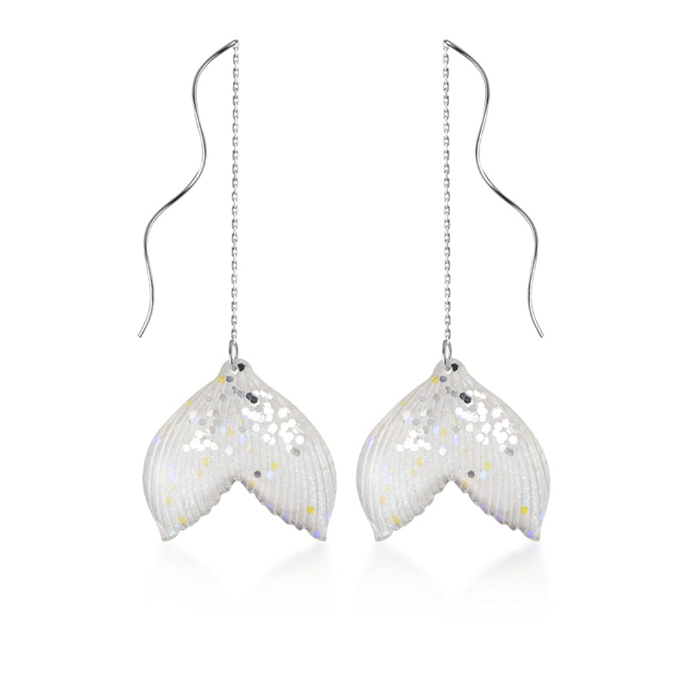 Dainty Ocean Mermaid Tail Threader Dangle Earrings for Women 925 Sterling Silver Acrylic Sequins Fishtail Long Curved Line Wave Wire Drop Dangling Stud Earring Retro Birthday Cosplay Party Y2K Jewelry