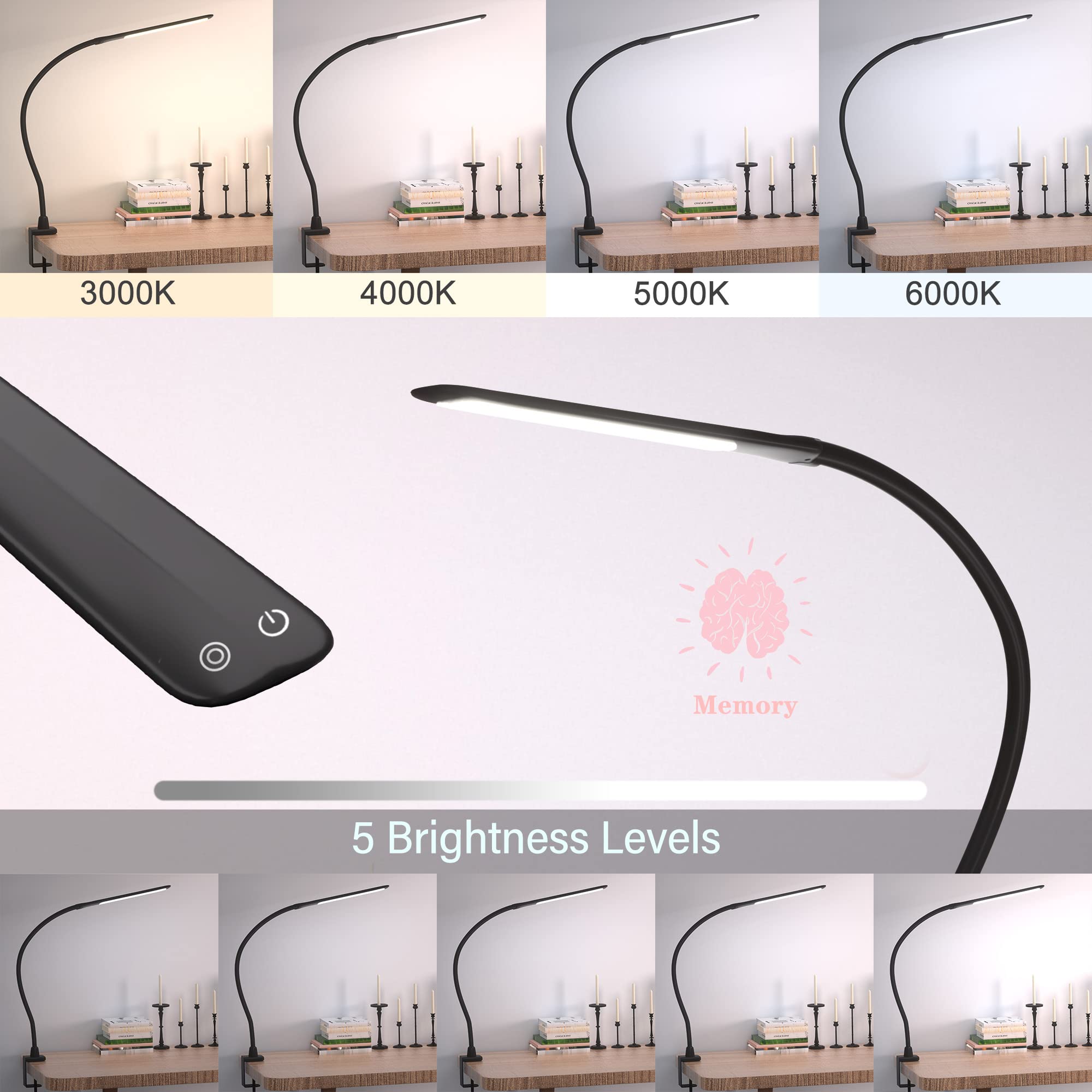 Desk Lamps for Home Office, 10W Clamp Lamp Dimmable Gooseneck Lamp Touch Control, Adjustable Desk Light for Workbench Tabletop (Black)