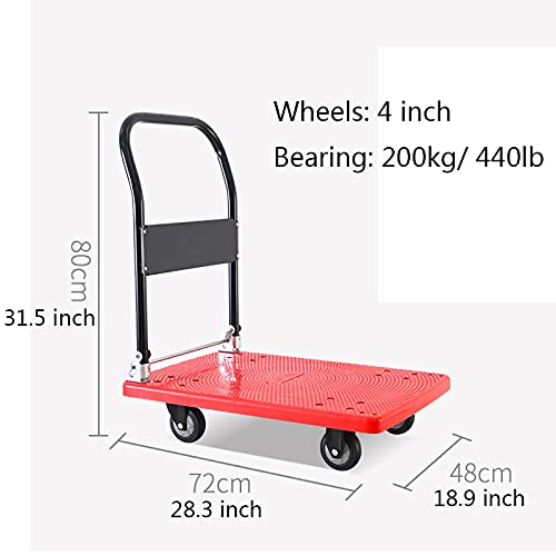 Generic Platform Hand Truck Flatbed Cart Small Platform Truck with Plastic Deck and Metal Handle Folding Trolley Easy Storage and High Load Capacity Red Foldable (Size : 440lb-4in Wheels)