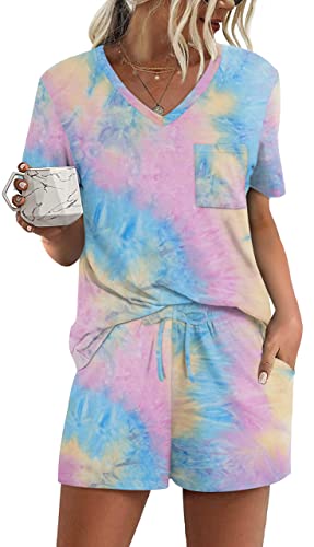 RUBZOOF Pajama Sets for Women Tie-dye Casual Soft Short Sleeve Summer Lounge Sets Sleepwear Tie-dye-B XL
